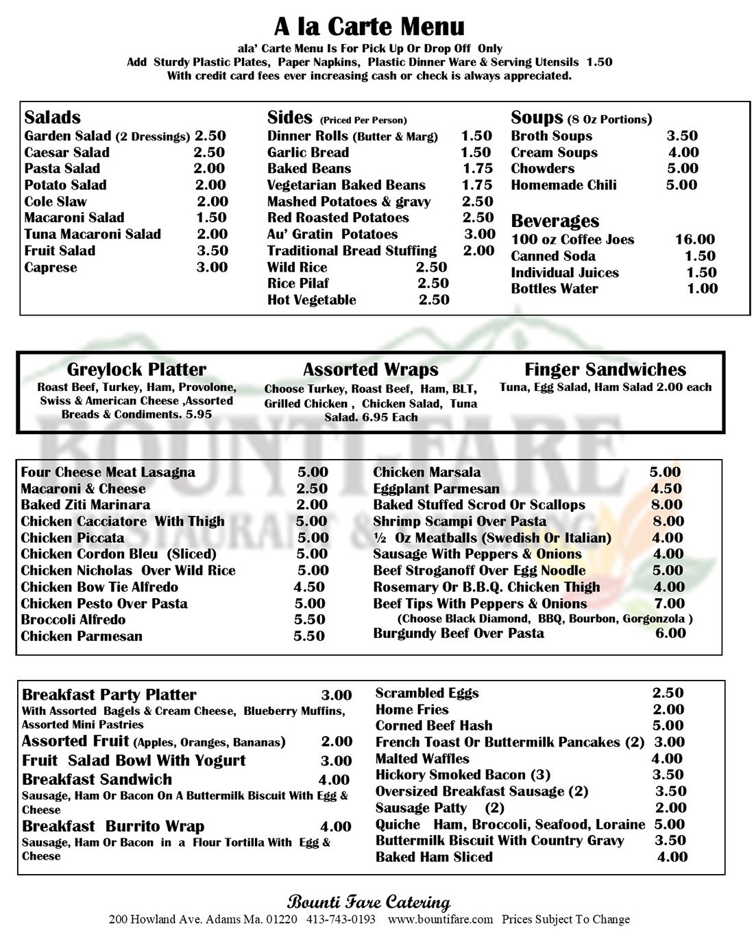 A La Carte Catering Menu